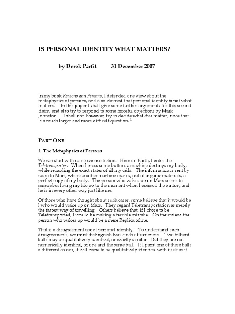 Parfit: Is Personal Identity What Matters? | PDF | Reductionism ...