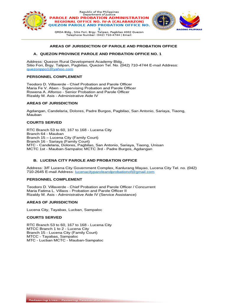 Jurisdiction of Parole and Probation Office in Quezon Province | PDF
