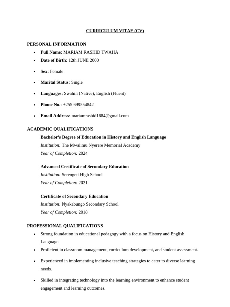 Mariam Curriculum Vitae | PDF | Teachers | Schools