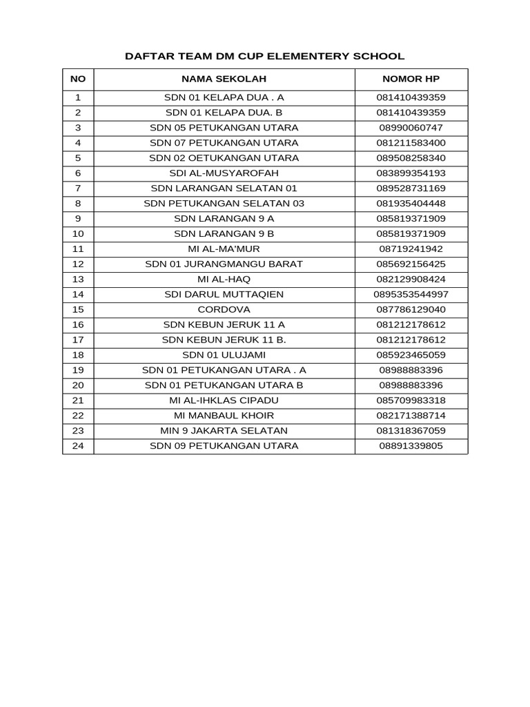 Daftar Team Dm Cup Elementery School | PDF