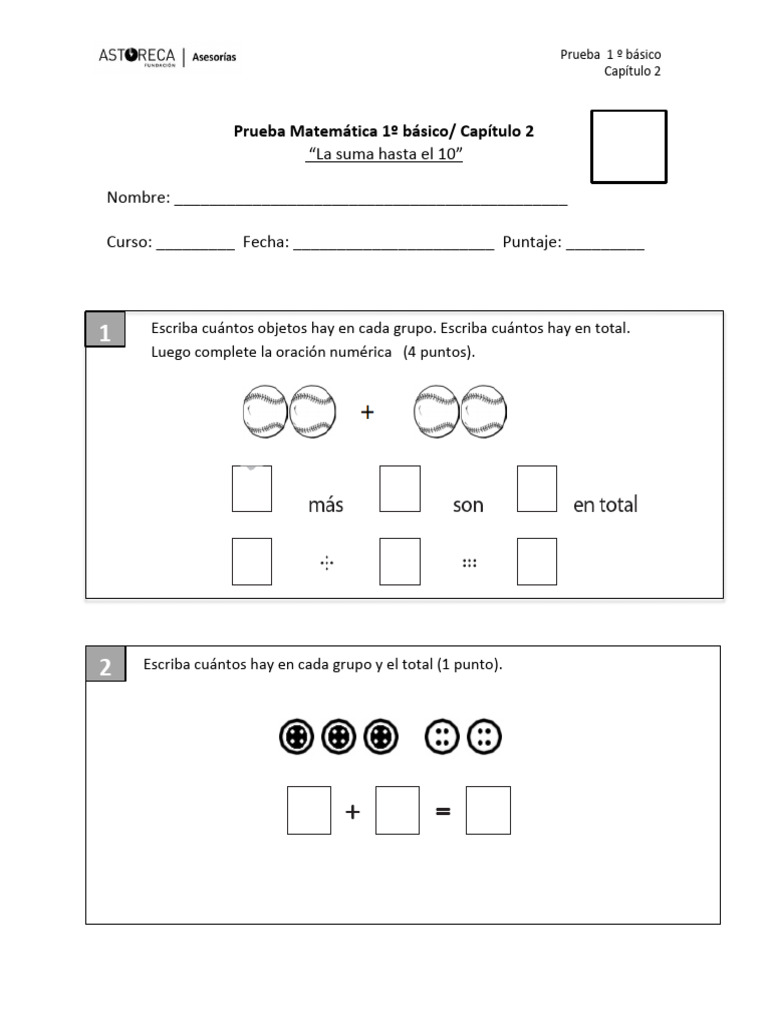 Prueba de Suma para 1º Básico | PDF | Matemáticas