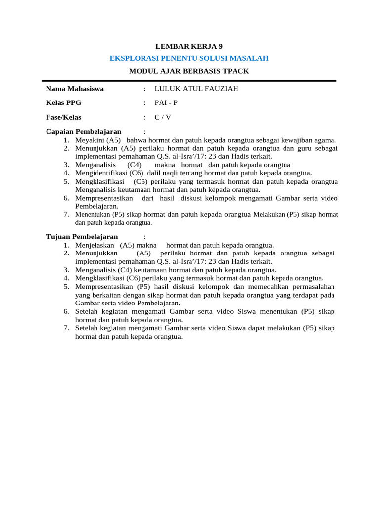 LK 9 Modul Ajar Berbasis Tpack | PDF