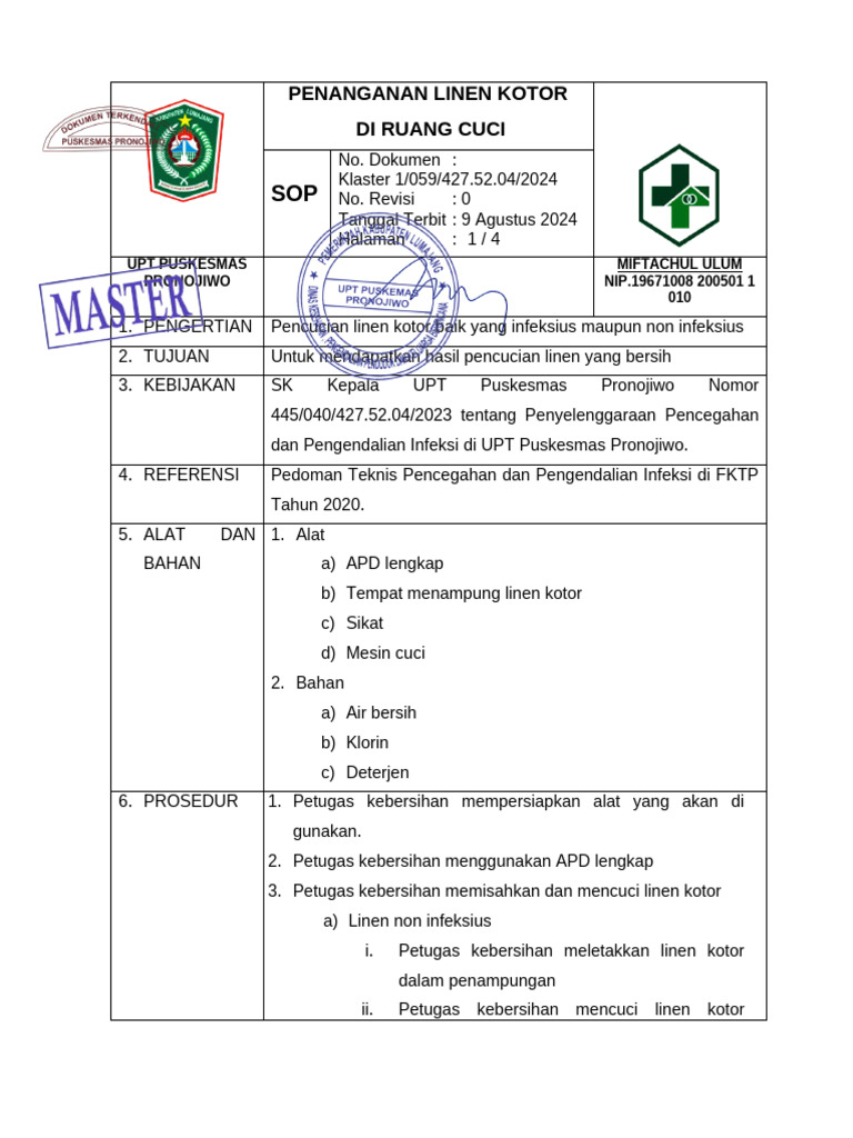 SOP Penanganan Linen Kotor Di Ruang Cuci | PDF
