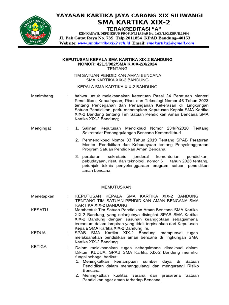 SK Kepala Satuan Pendidikan Pembentukan SPAB | PDF