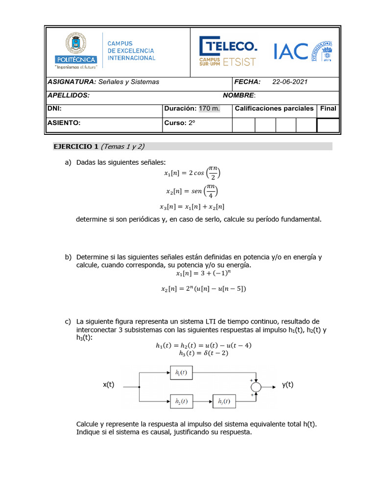 SYS - Examen Julio 2021 - Con Soluciones | PDF | Muestreo (procesamiento de señal) | Filtro ...