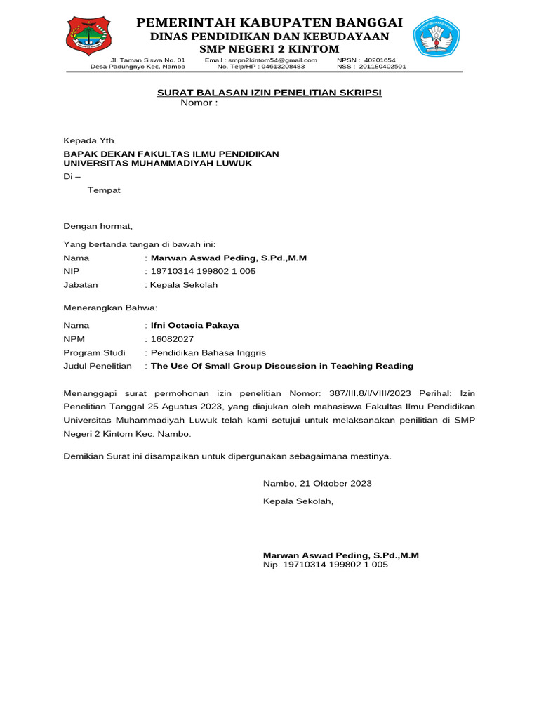 Surat Balasan Izin Penelitian | PDF