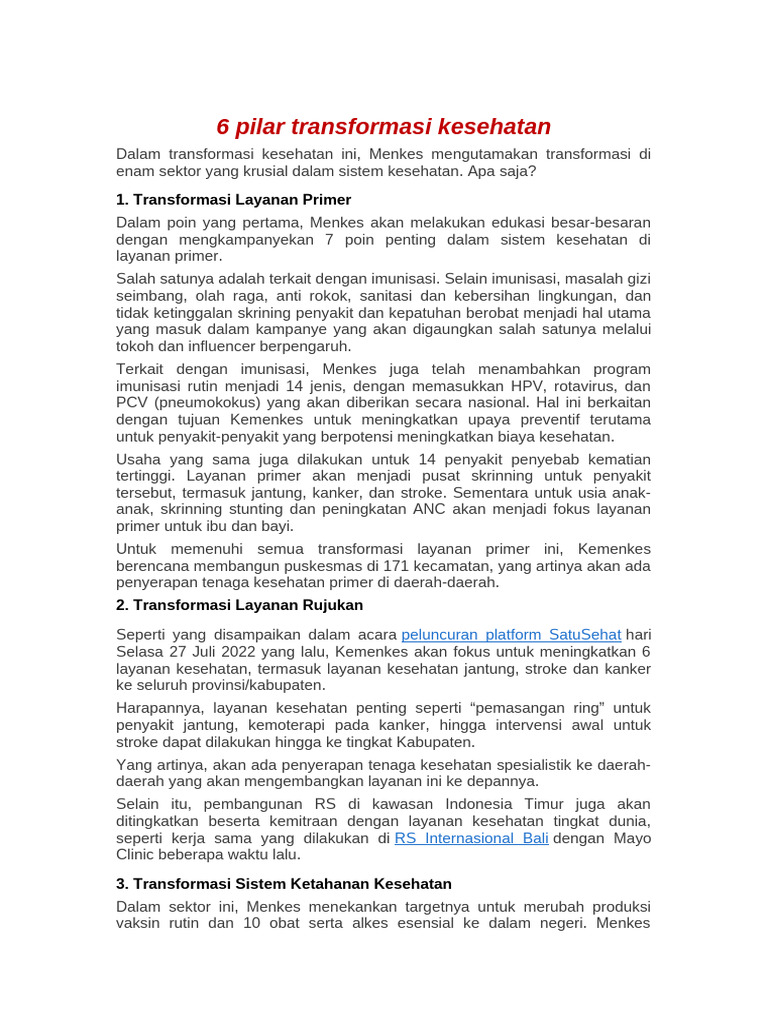 6 Pilar Transformasi Kesehatan | PDF