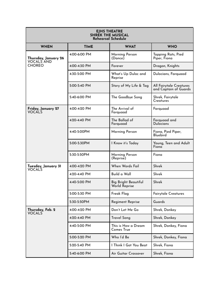 Shrek Rehearsal Schedule | PDF
