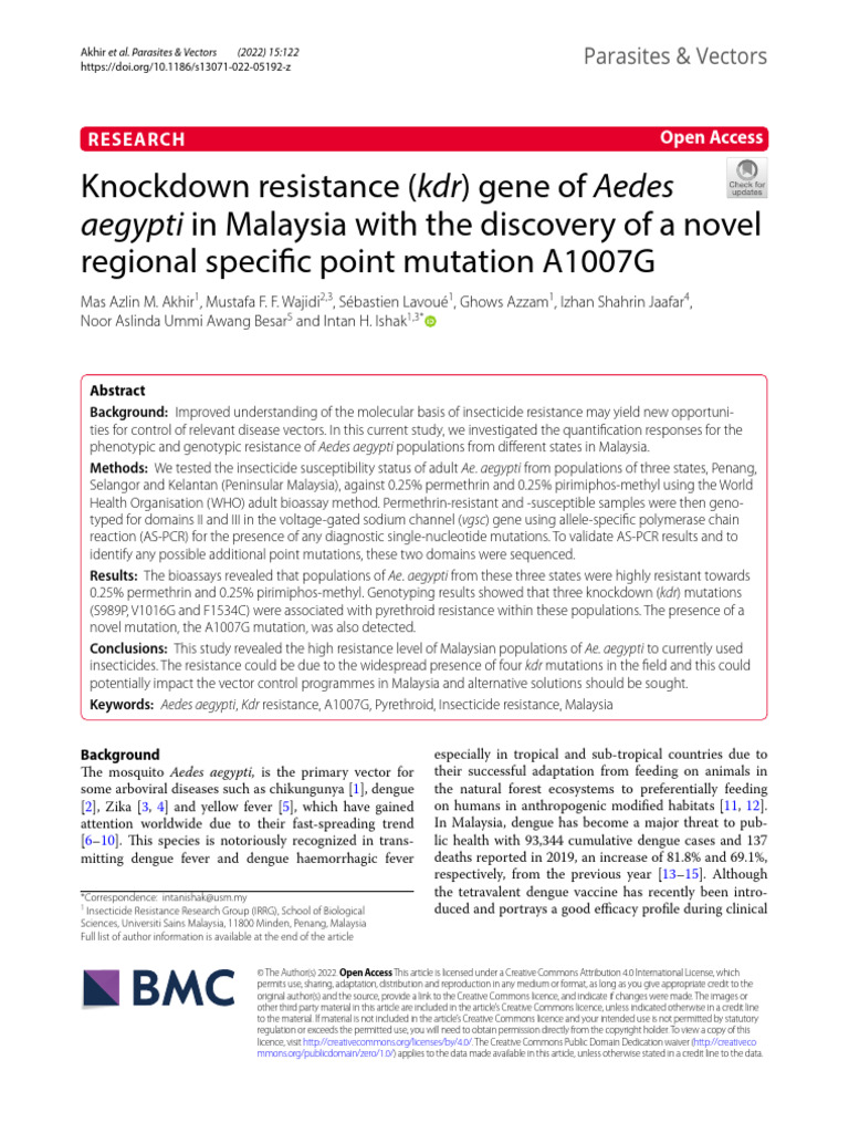 Knockdown of Resistance Kdr Gene of Aedes Aegypti in Malaysia With the Discovery of a Novel ...