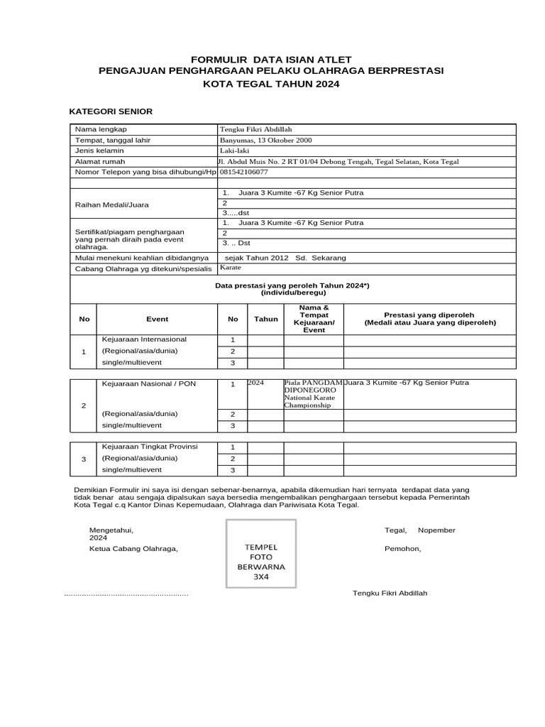Formulir Data Isian Atlet Share | PDF