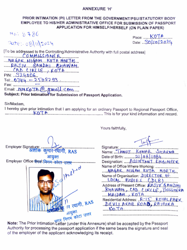 Prior Intimation for Passport Application | PDF