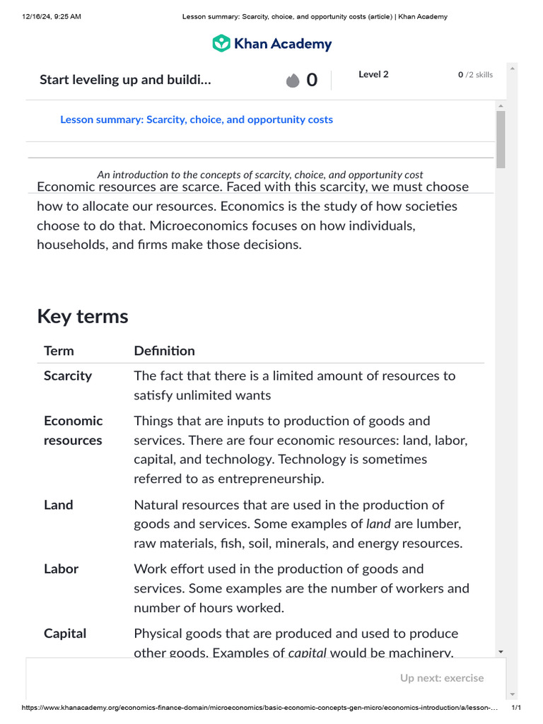 Lesson summary_ Scarcity, choice, and opportunity costs (article ...