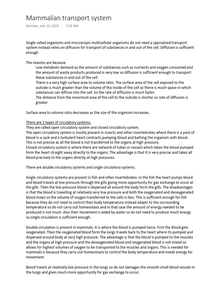 Mammalian Transport System | PDF | Artery | Vein