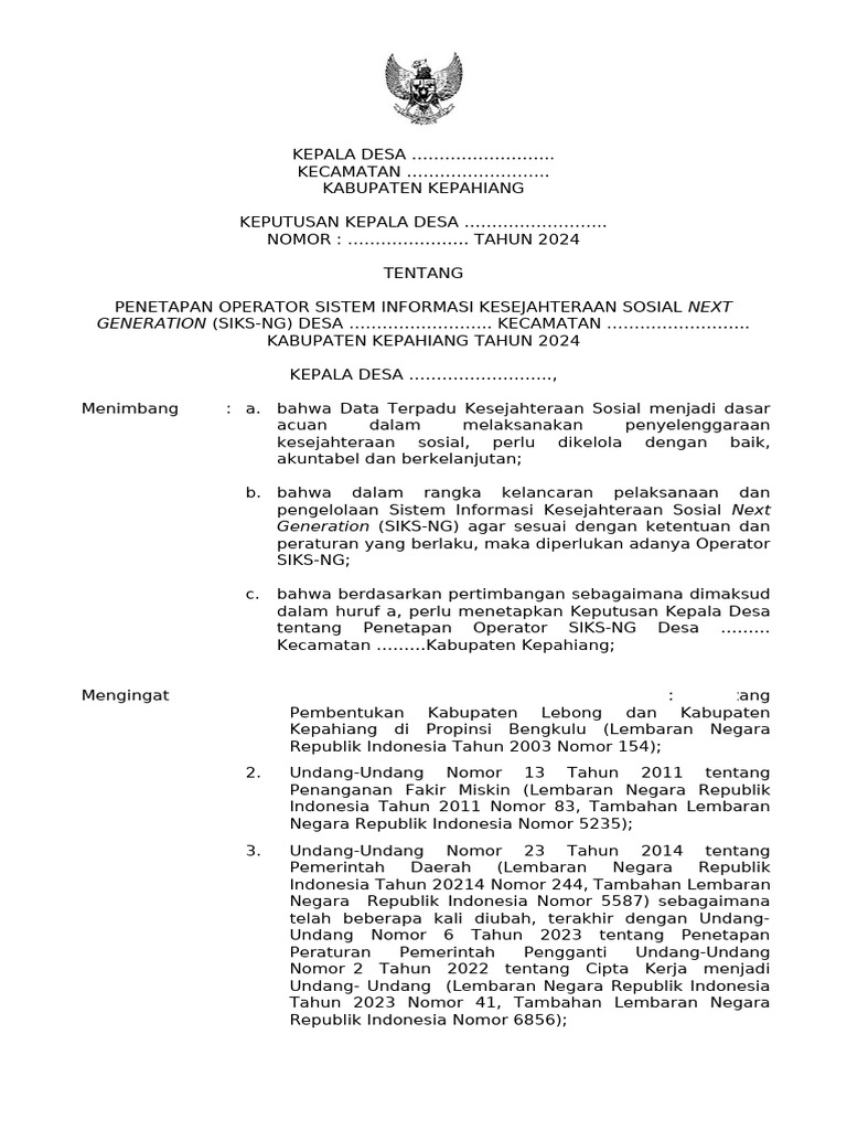 Format SK Operator SIKS-NG Desa Tahun 2024 - Revisi | PDF