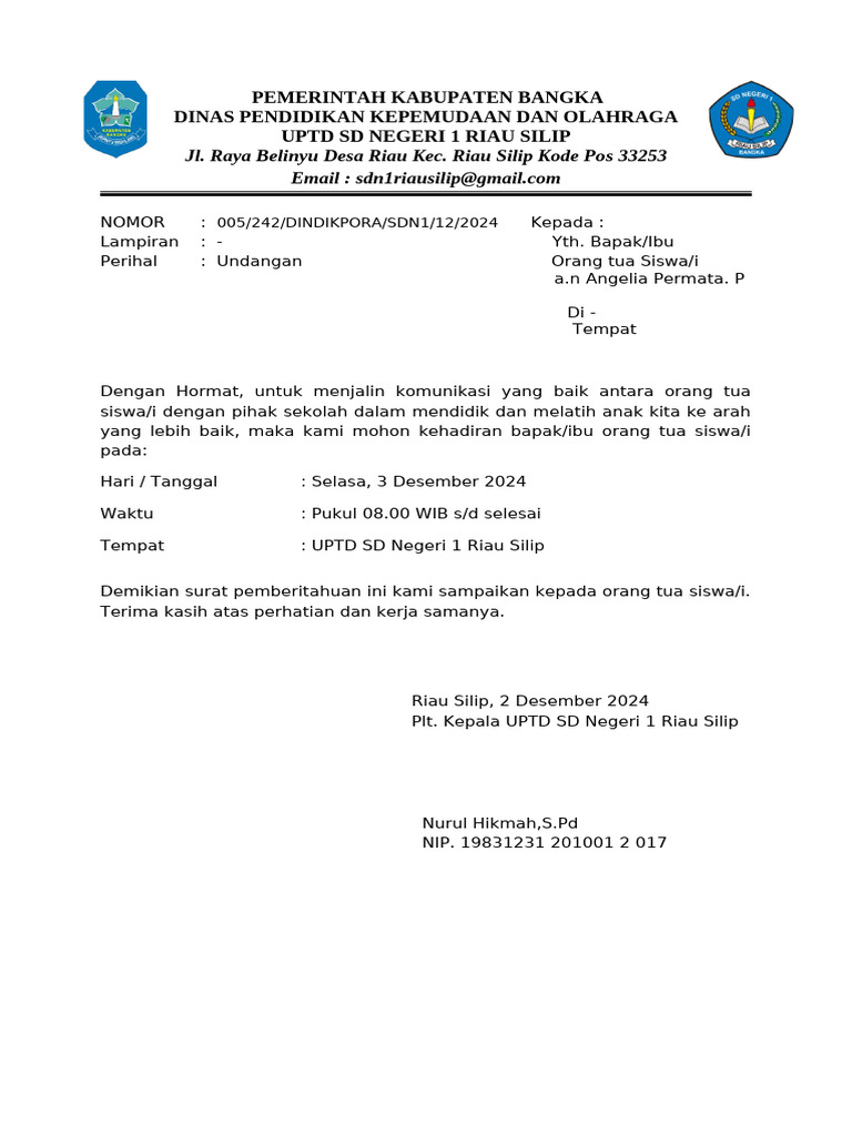 Surat Pemanggilan Orang Tua | PDF