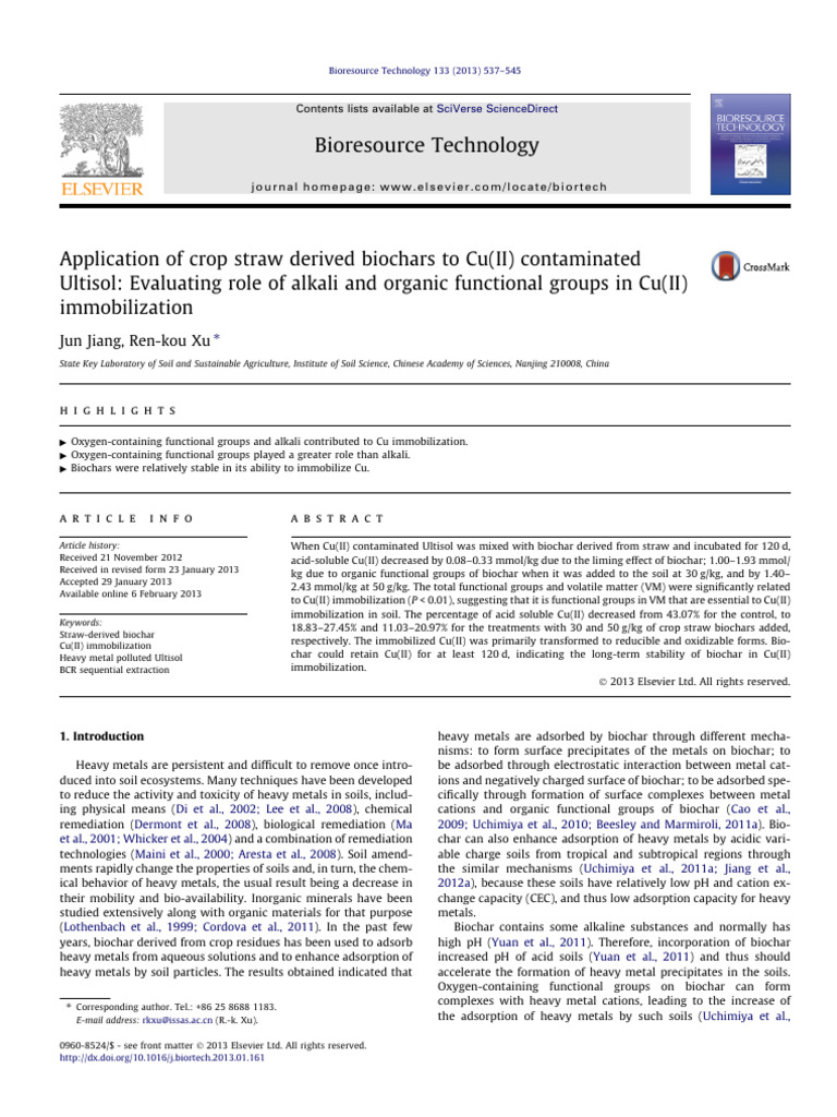 Application of Crop Straw Derived Biochars To Cu II Contamina - 2013 ...