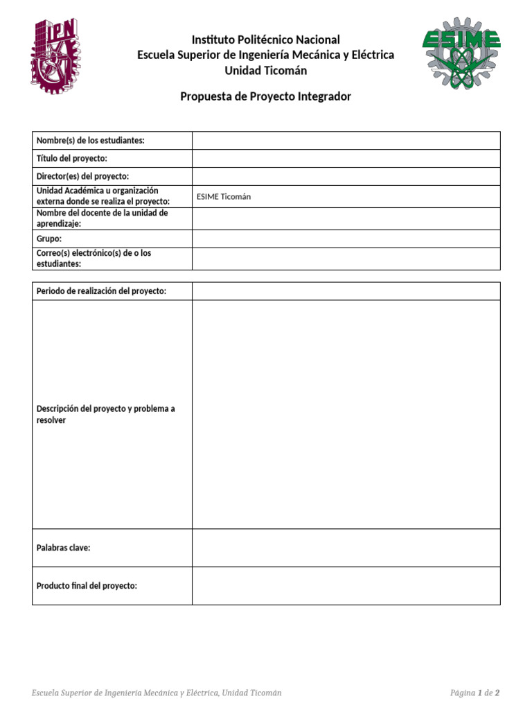 Propuesta de Proyecto Integrador ESIME Ticomán | PDF
