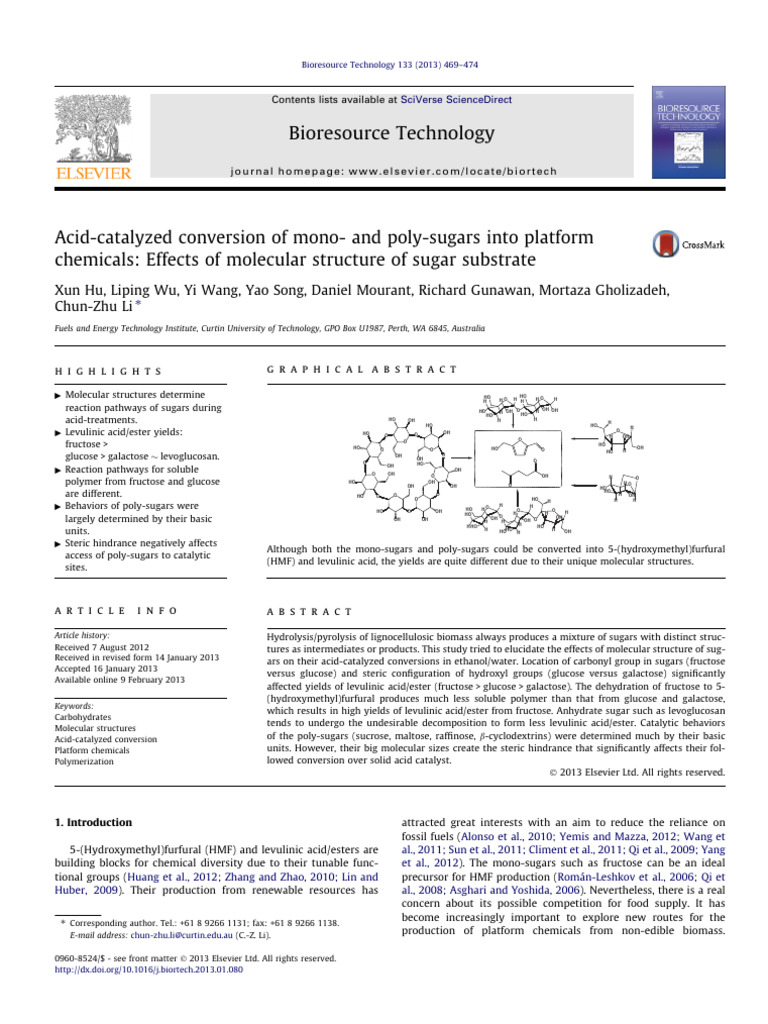 Acid Catalyzed Conversion of Mono and Poly Sugars Into Plat 2013 ...