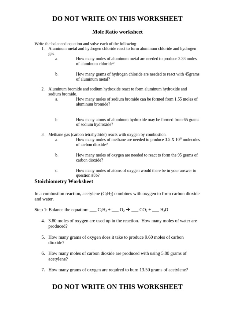 Mole Ratio Worksheet 1WS1 | PDF | Chemical Reactions | Oxide