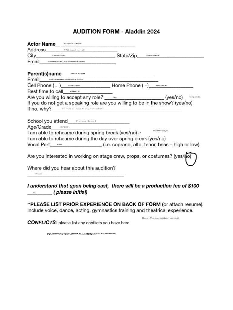 Audition Form - Aladdin 2024-4 | PDF | Music Performance | Pitch (Music)