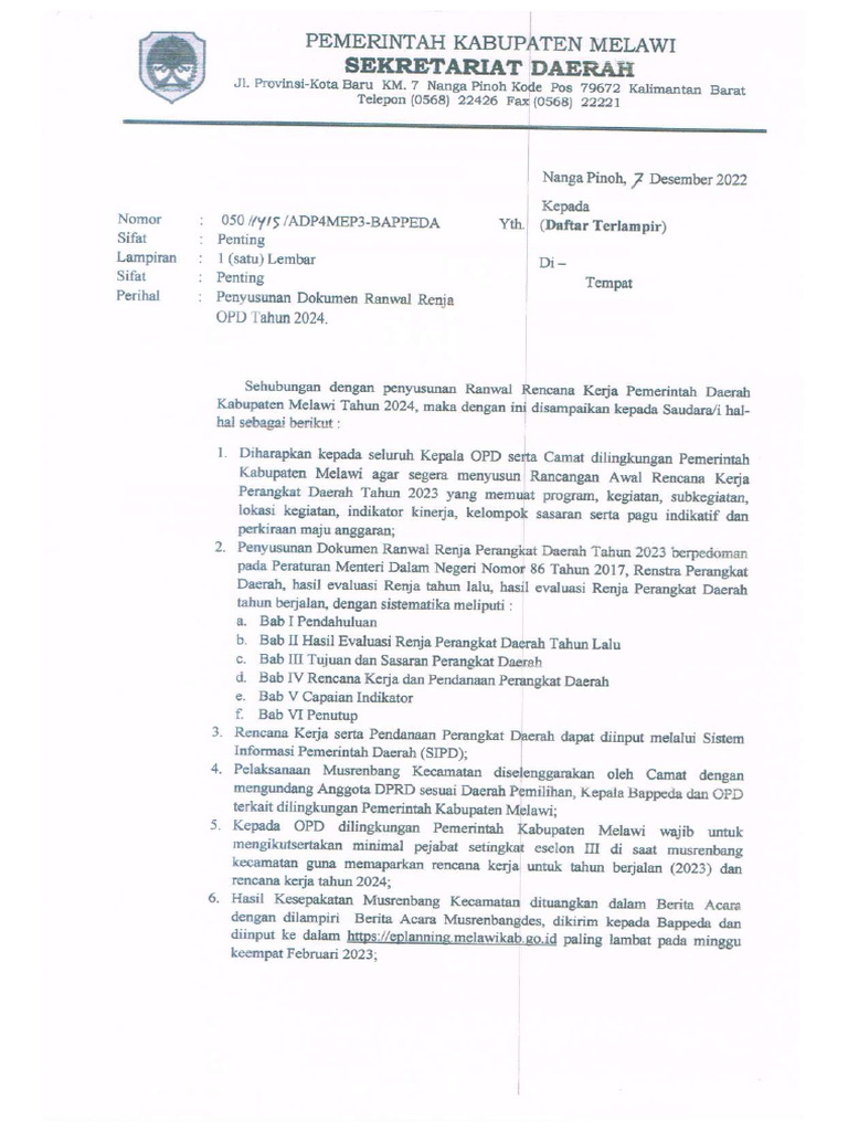 Surat Penyusunan Dokumen Ranwal Renja OPD Tahun 2024 | PDF