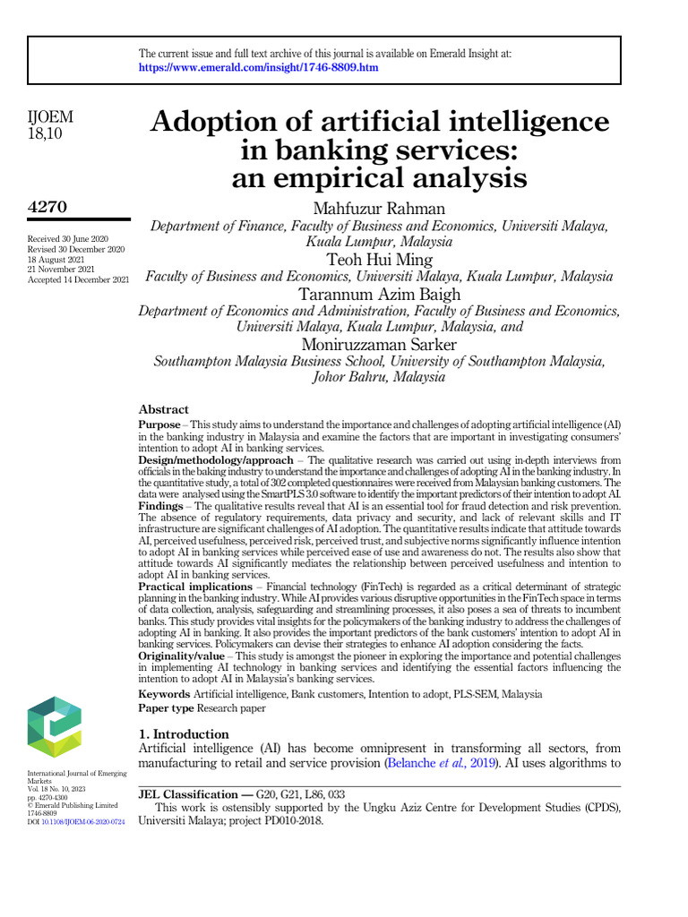 Adoption of Artificial Intelligence in Banking Services - An Empirical Analysis | PDF ...