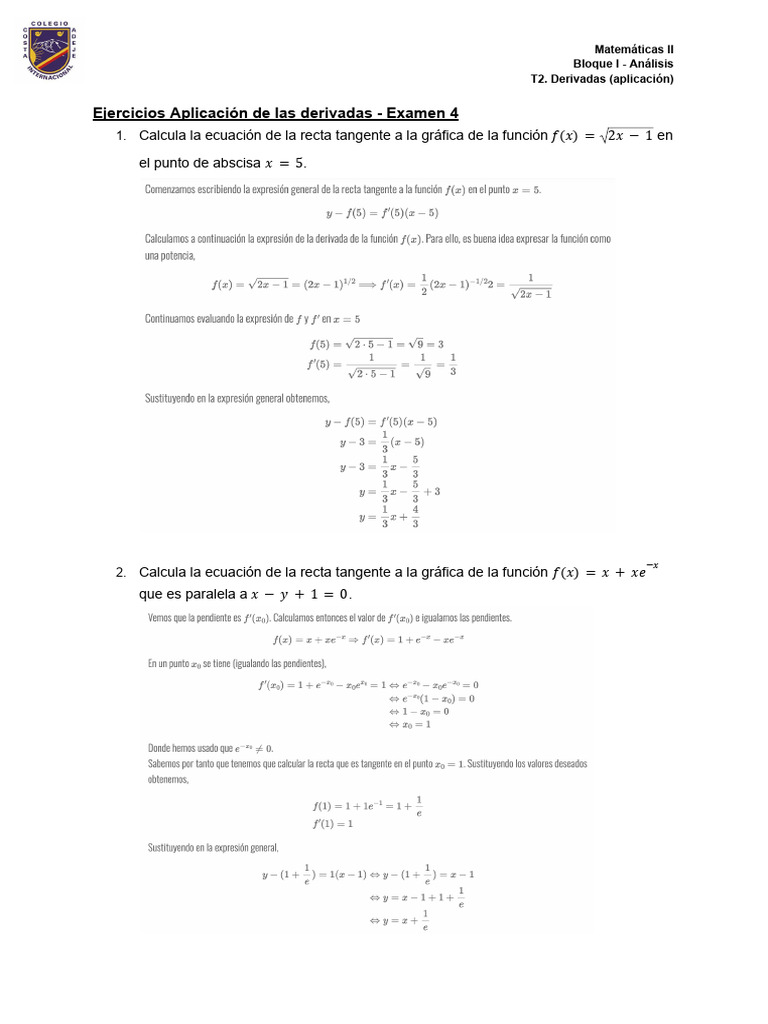 Hoja Ejercicios - SOLUCIONES-Aplicación de Las Derivadas - Examen 4 - 2º Bach 24-25 | PDF ...