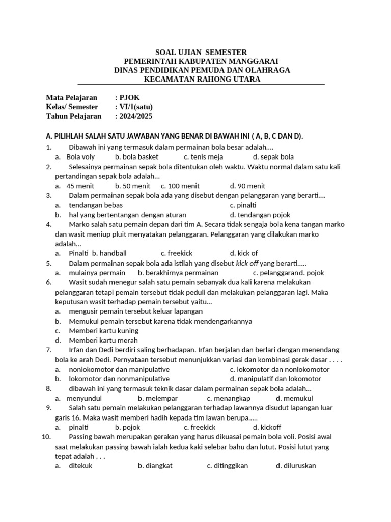 Soal Pas Pjok Kelas 6 K13 | PDF