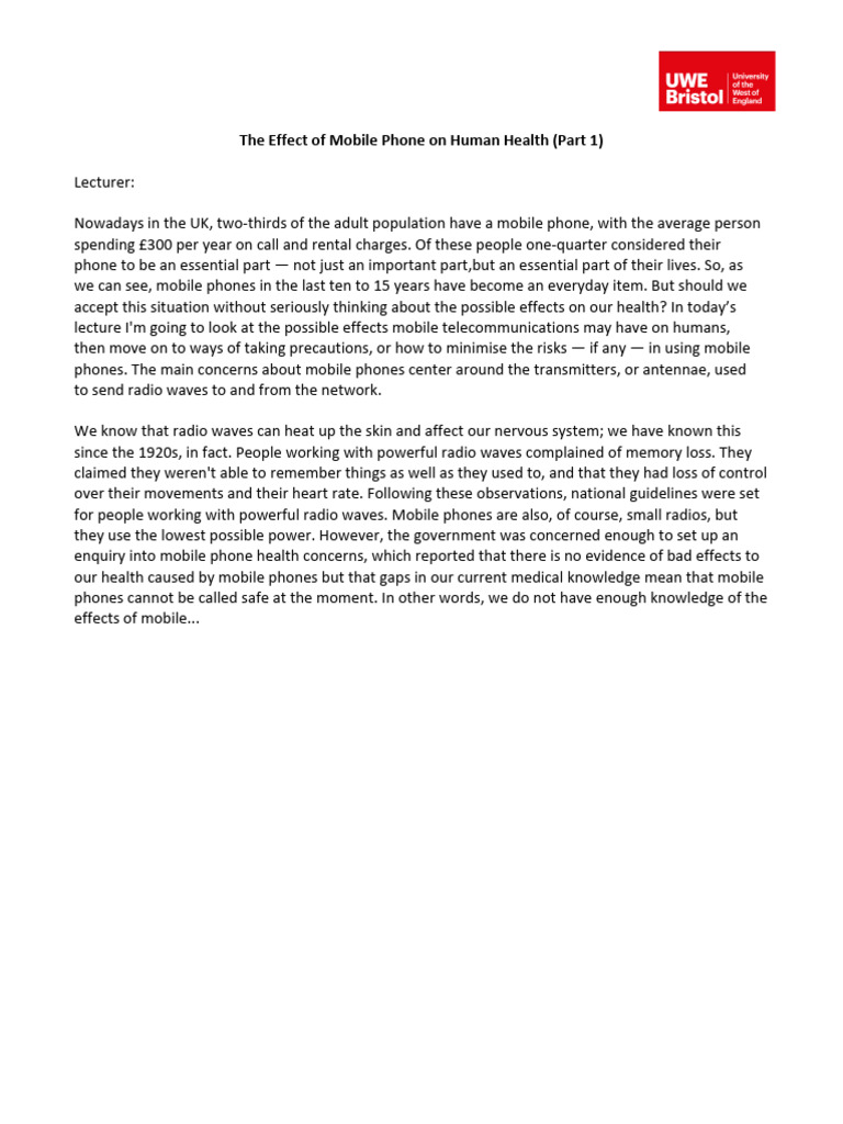 01A The Effect of Mobile Phone On Human Health (Part 1) | PDF