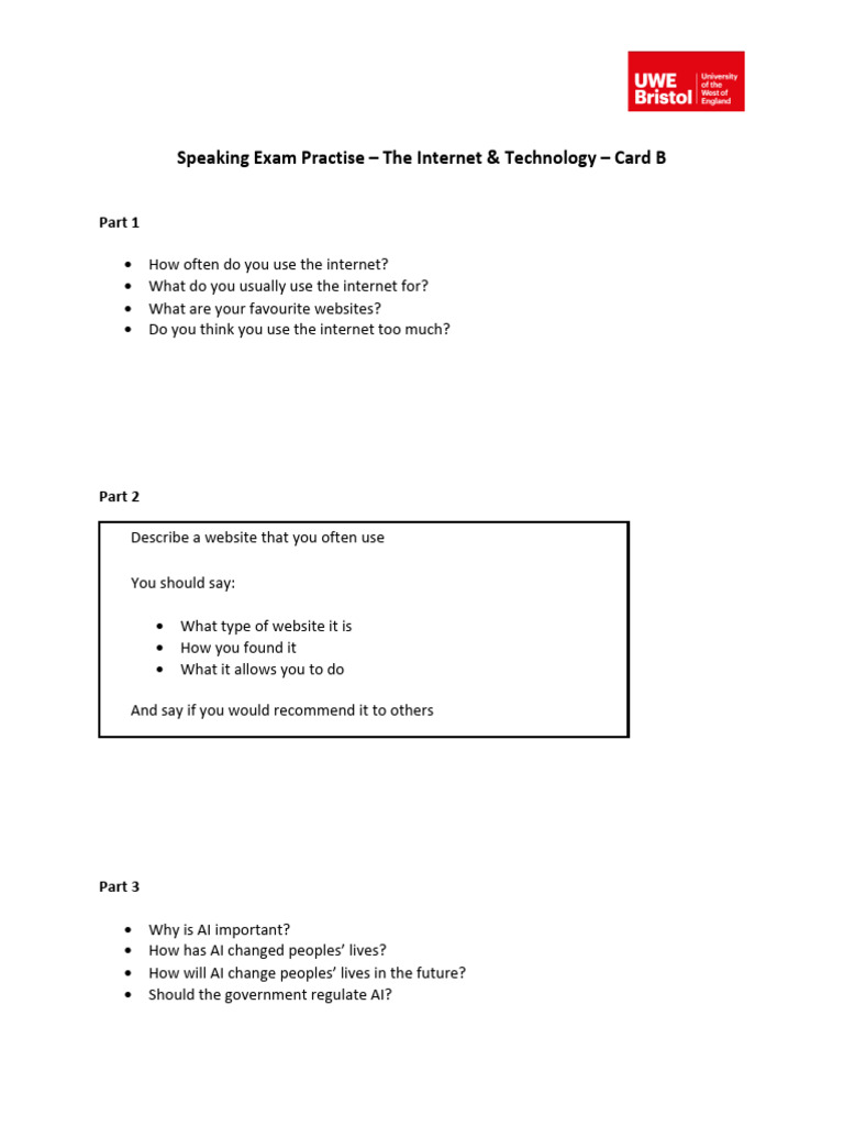 03 Card B - Speaking Exam Practise - The Internet & Technology | PDF