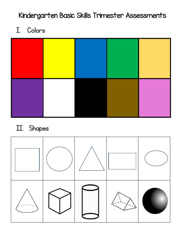 I. Colors: Kindergarten Basic Skills Trimester Assessments | PDF ...