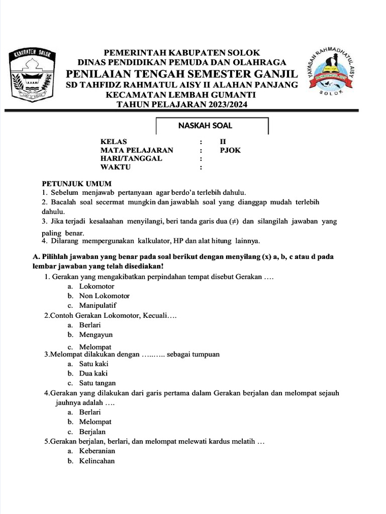 PDF Soal Pts Pjok Kelas 2 Sem 1 2023 2024 Compress | PDF