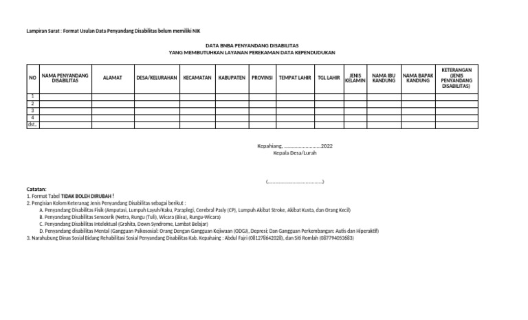 Format Usulan Data Penyandang Disabilitas Belum Memiliki NIK | PDF