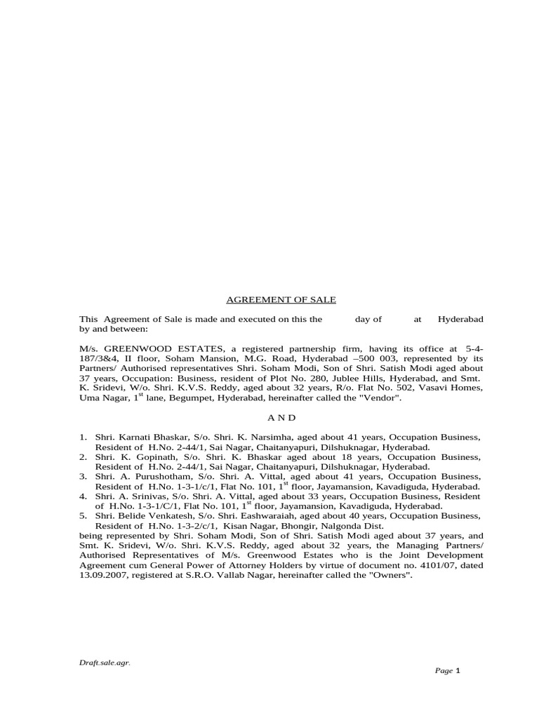 Drat of Venu Gopal Agreement of Sale | PDF | Deed | Taxes