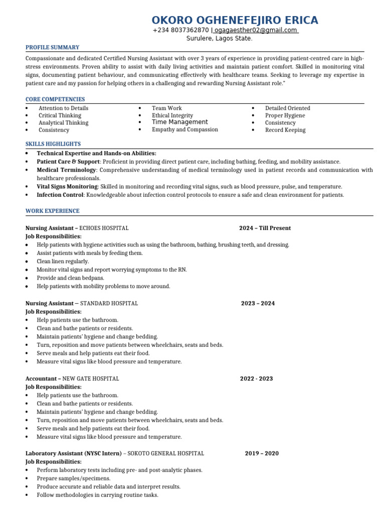 Nursing Assistant Profile: Oghenefejiro Okoro | PDF | Nursing | Patient