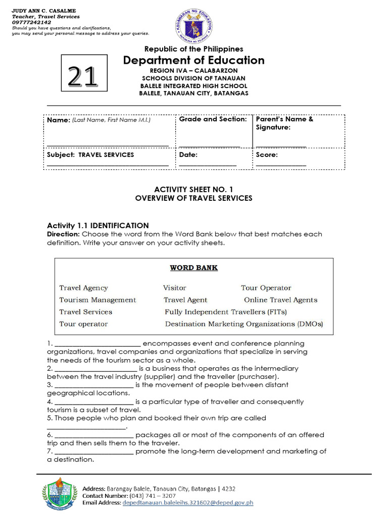 Activity Sheets For M1 Travel Services | PDF | Tourism | Service Industries