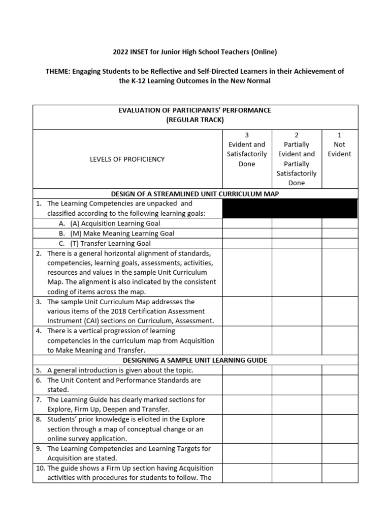 S1.2 - Evaluation Tool - Regular Track - 2022 INSET For JHS Teachers | PDF | Learning ...
