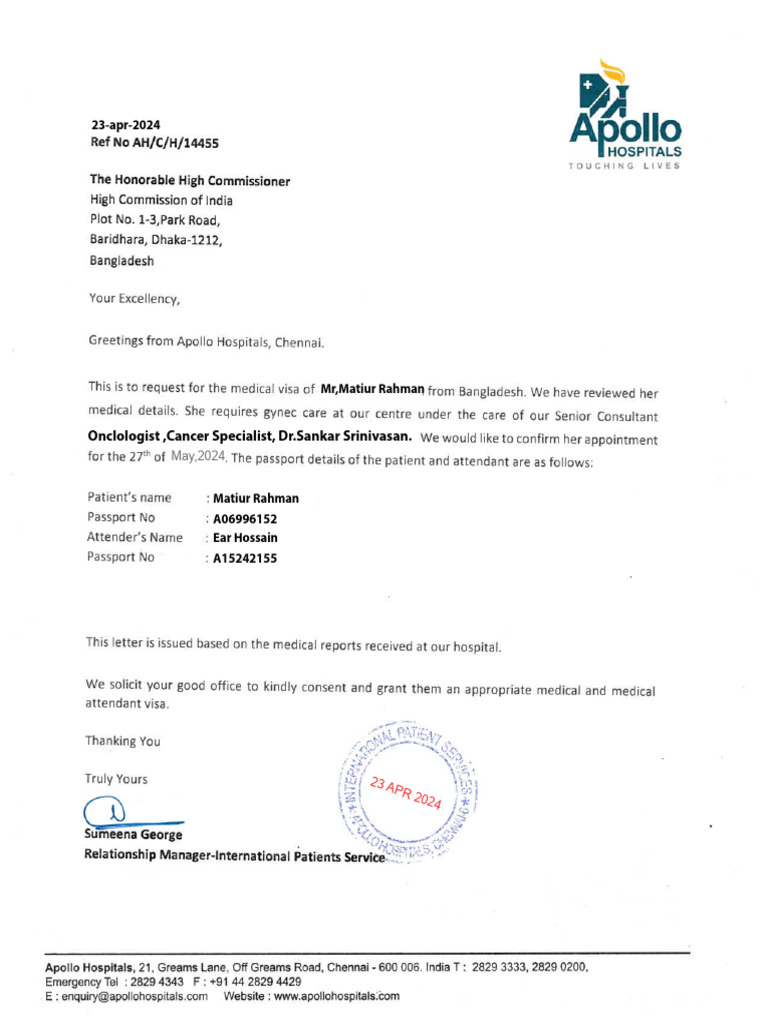 APOLLO HOSPITAL Invitation Letter | PDF