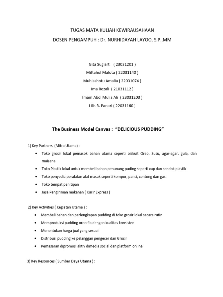 Tugas Business Model Canvas Kel. 1 Delicious Pudding | PDF