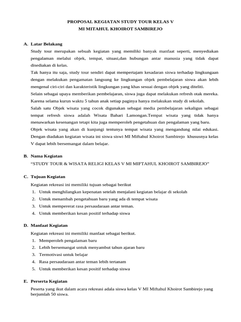 Proposal Study Tour Kelas V MI Miftahul Khoirot | PDF