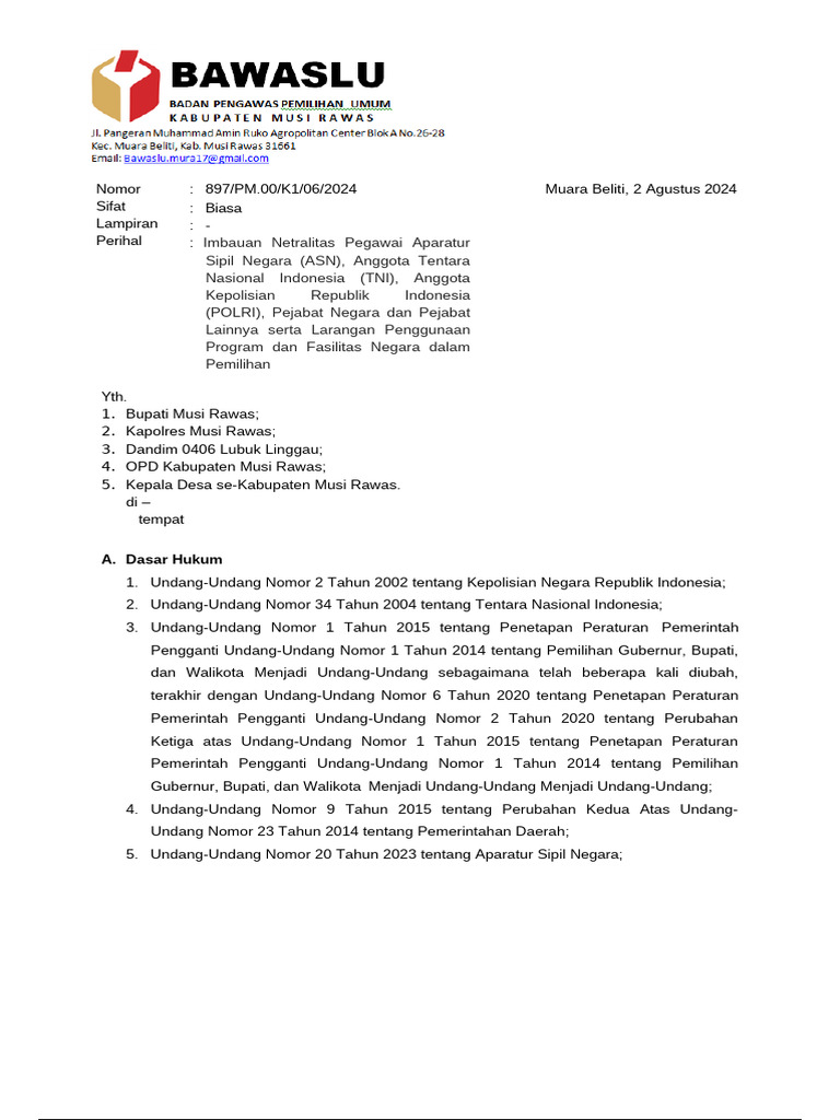 Imbauan Netralitas ASN dan TNI/POLRI | PDF