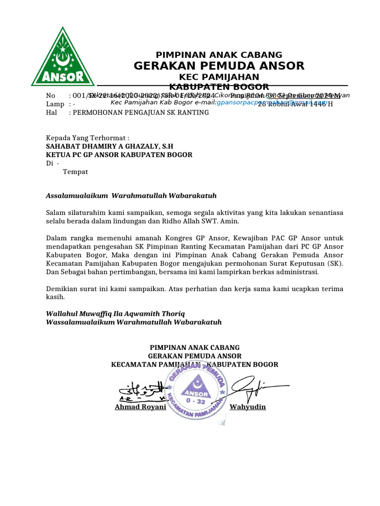 Draf Surat Pengajuan SK Ranting - PAC GP ANSOR PAMIJAHAN | PDF