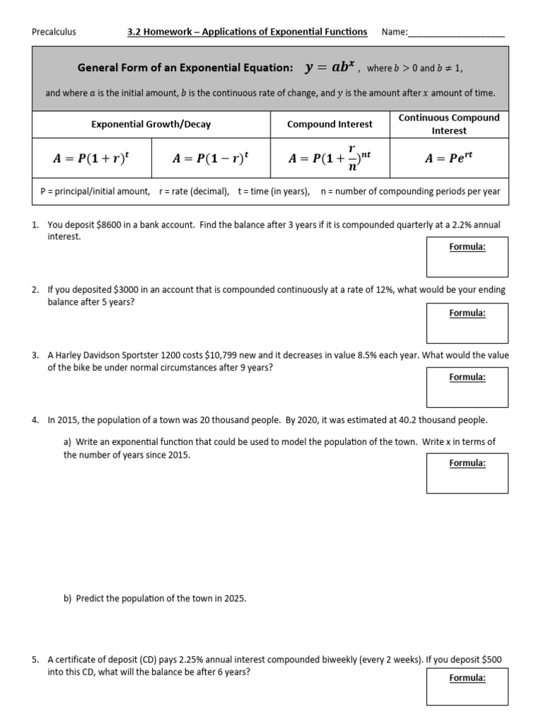 3.2 Homework - Applications of Exponential Functions | PDF | Interest ...