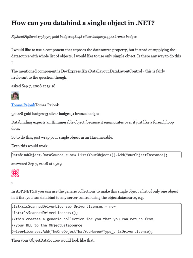 Data Binding - How Can You Databind A Single Object in .NET - Stack Overflow | PDF
