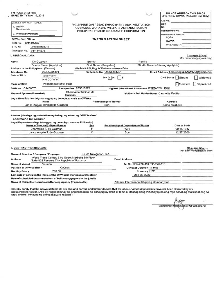 Information Sheet Bernie de Guzman | PDF | Employment | Immigration