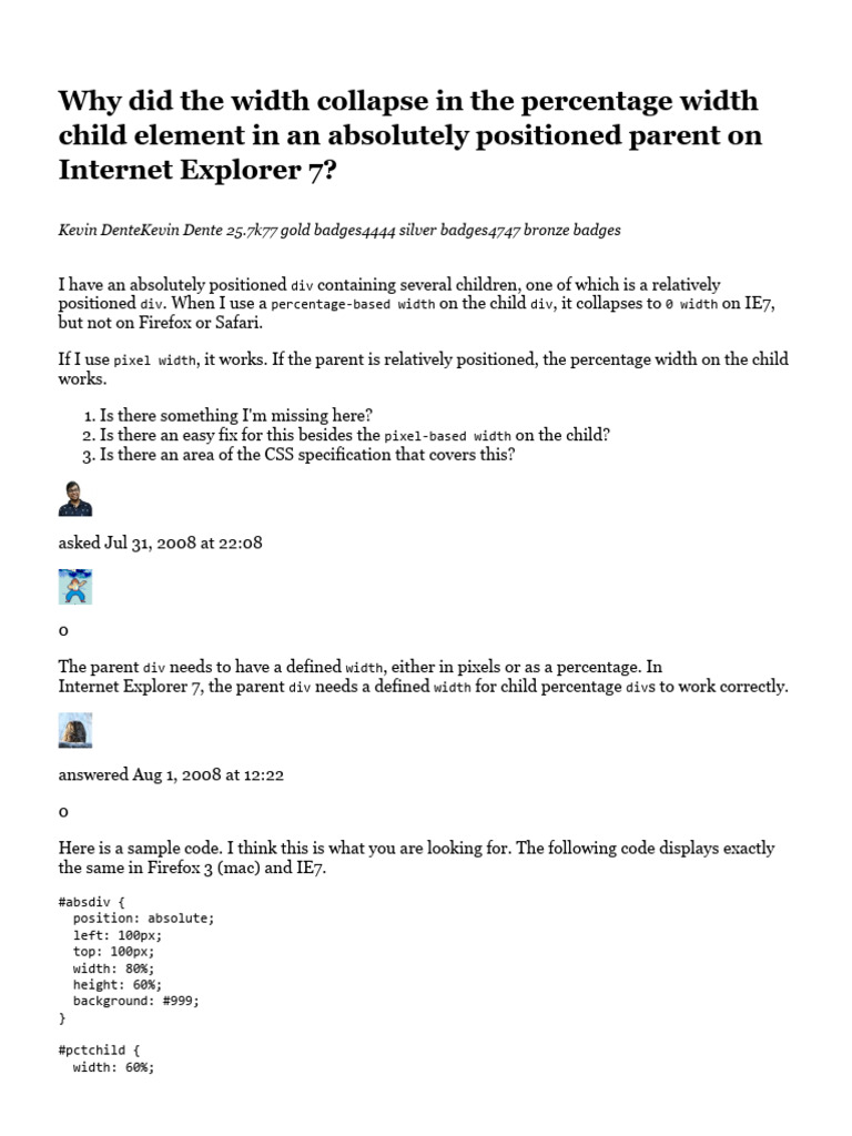HTML - Why Did The Width Collapse in The Percentage Width Child Element in An Absolutely ...