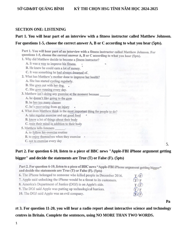 ĐỀ THI HSG ANH 9 QUẢNG BÌNH 2024-2025 | PDF