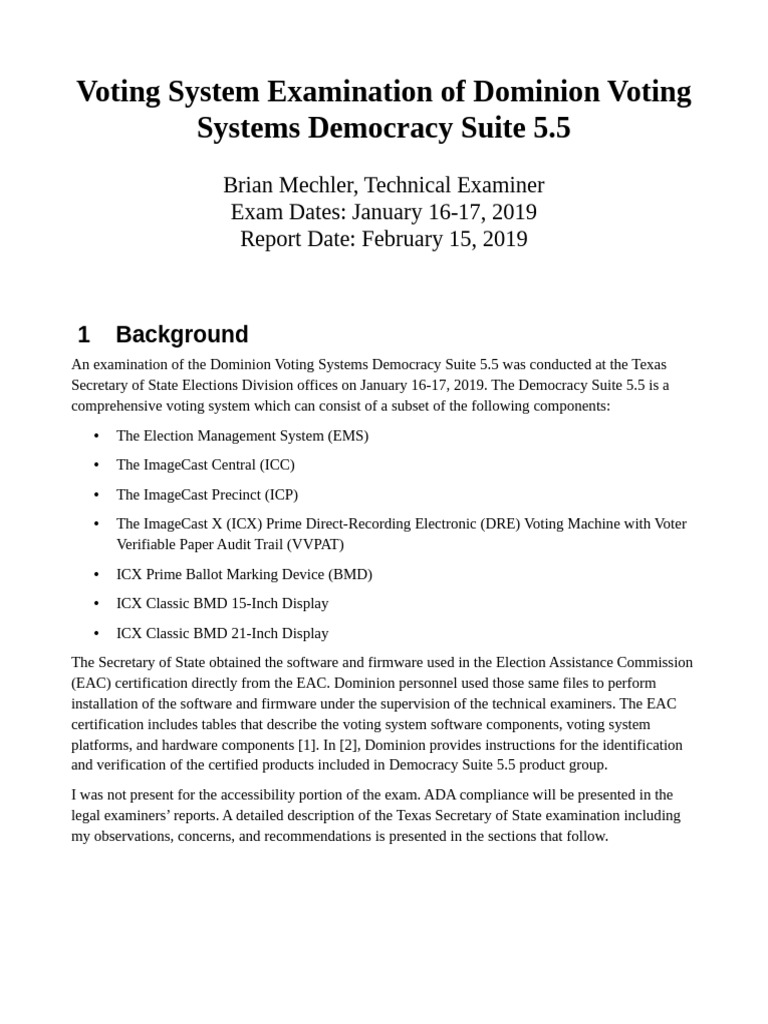 TX Voting System Examination of Dominion Voting Systems Democracy Suite ...