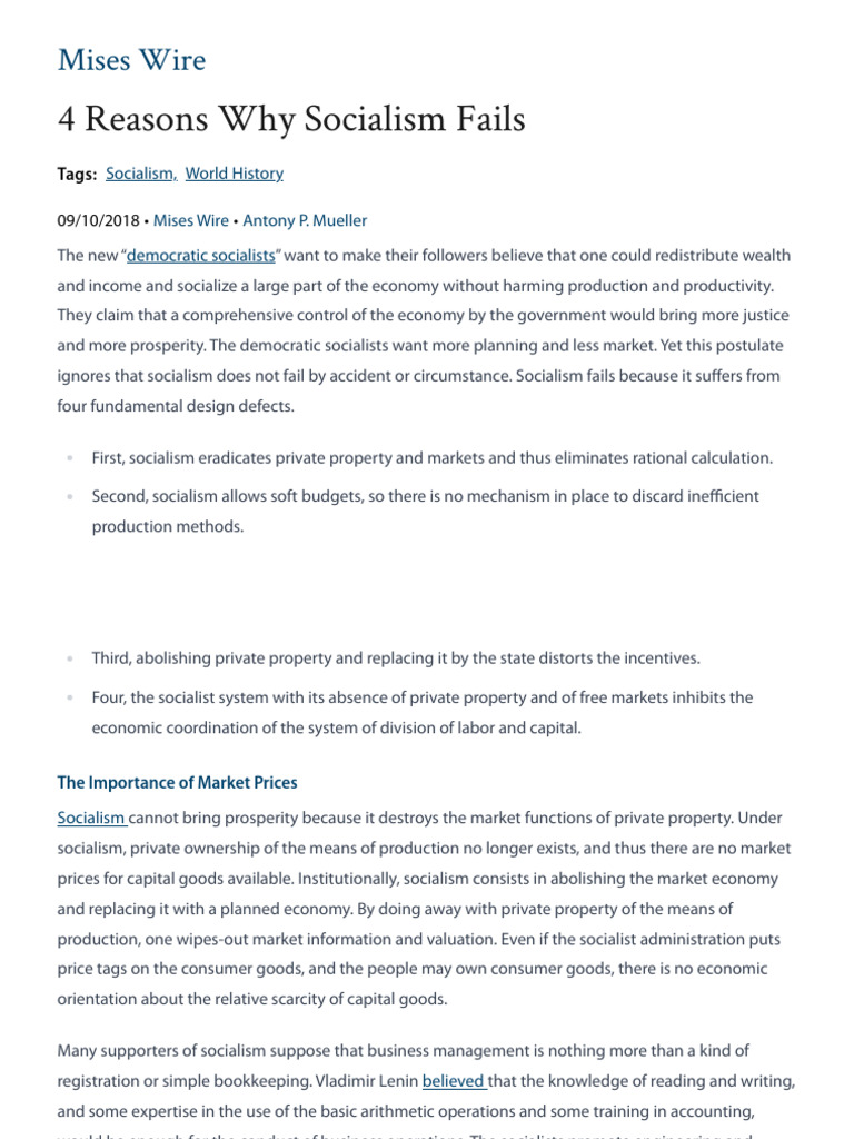 4 Reasons Why Socialism Fails _ Mises Institute | PDF | Market ...