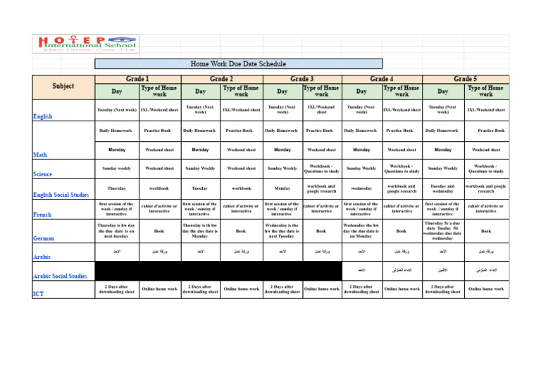 Home Work Due Date Schedule - Sheet1 (1) | PDF